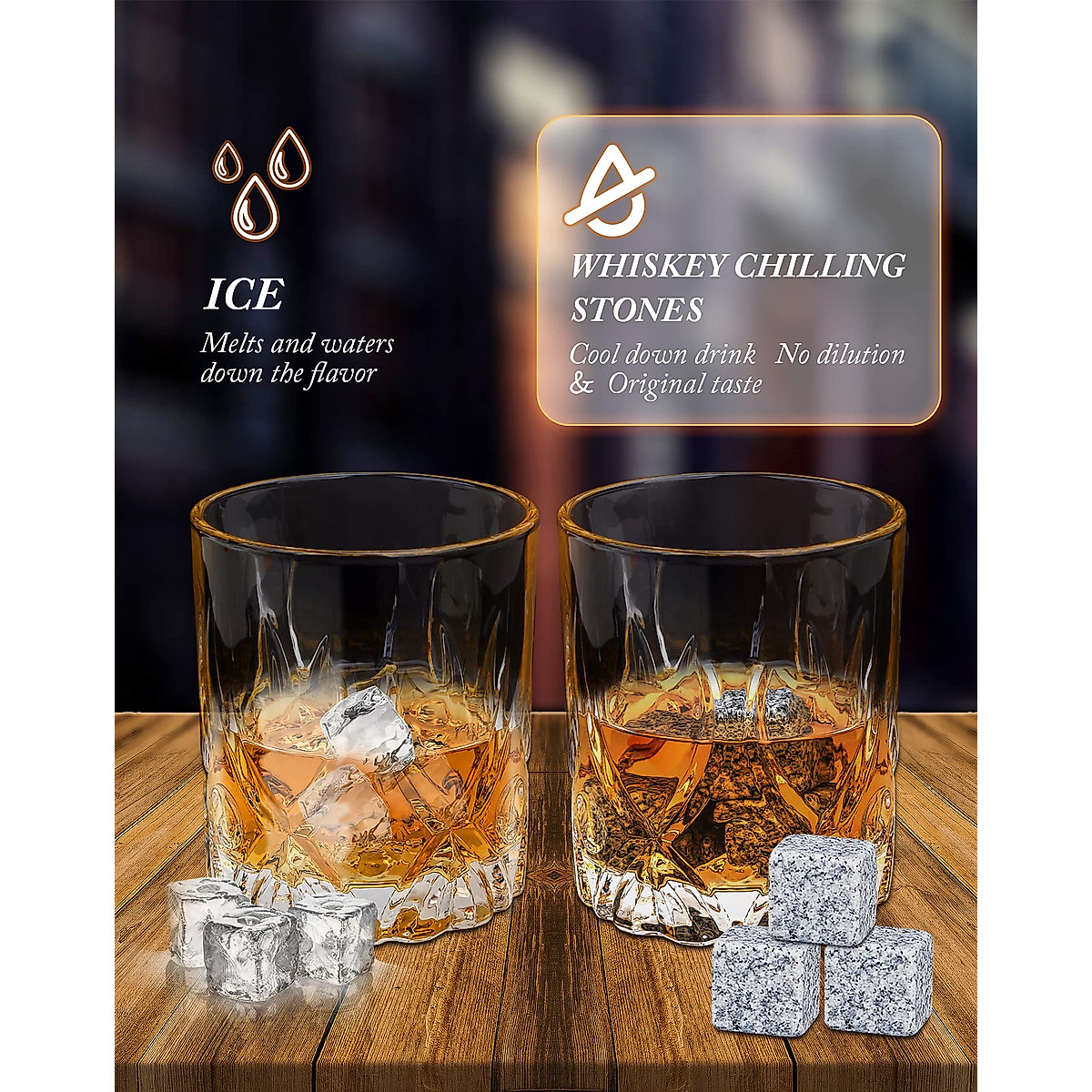 Whiskey Gifts for Men, 10oz Whiskey Glasses Set of 2 with Unique Wooden Box 8 Chilling Whiskey Stones Fashioned Bourbon Glasses Bourbon Gifts for Wedding Anniversary Christmas Birthday Party Holiday