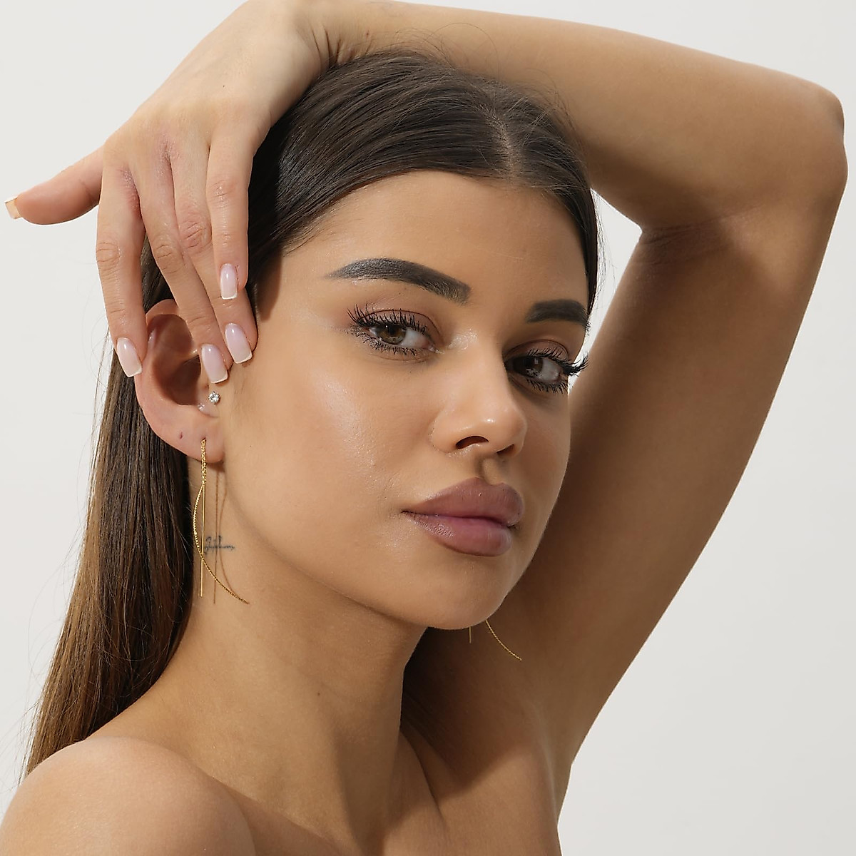 NOKMIT Threader Earrings for Women 14K Gold Tone Long Lightweight Dangle Drop Earrings Dainty Curved Bar Thin Chain Threads Hypoallergenic Jewelry Gifts