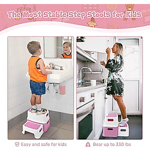 2 Step Stools for Kids, Anti-Slip Toddler Step Stool for Bathroom Sink, Two Step Stool for Toddlers Toilet Potty Training, Toddler Stool for Kitchen Counter Bedroom, Pink