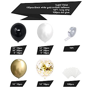 Black White Gold Balloons Garland Kit - 100Pcs Black White Metallic Gold and Gold Confetti Latex Balloons Arch for Wedding Engagement Birthday Party Decorations