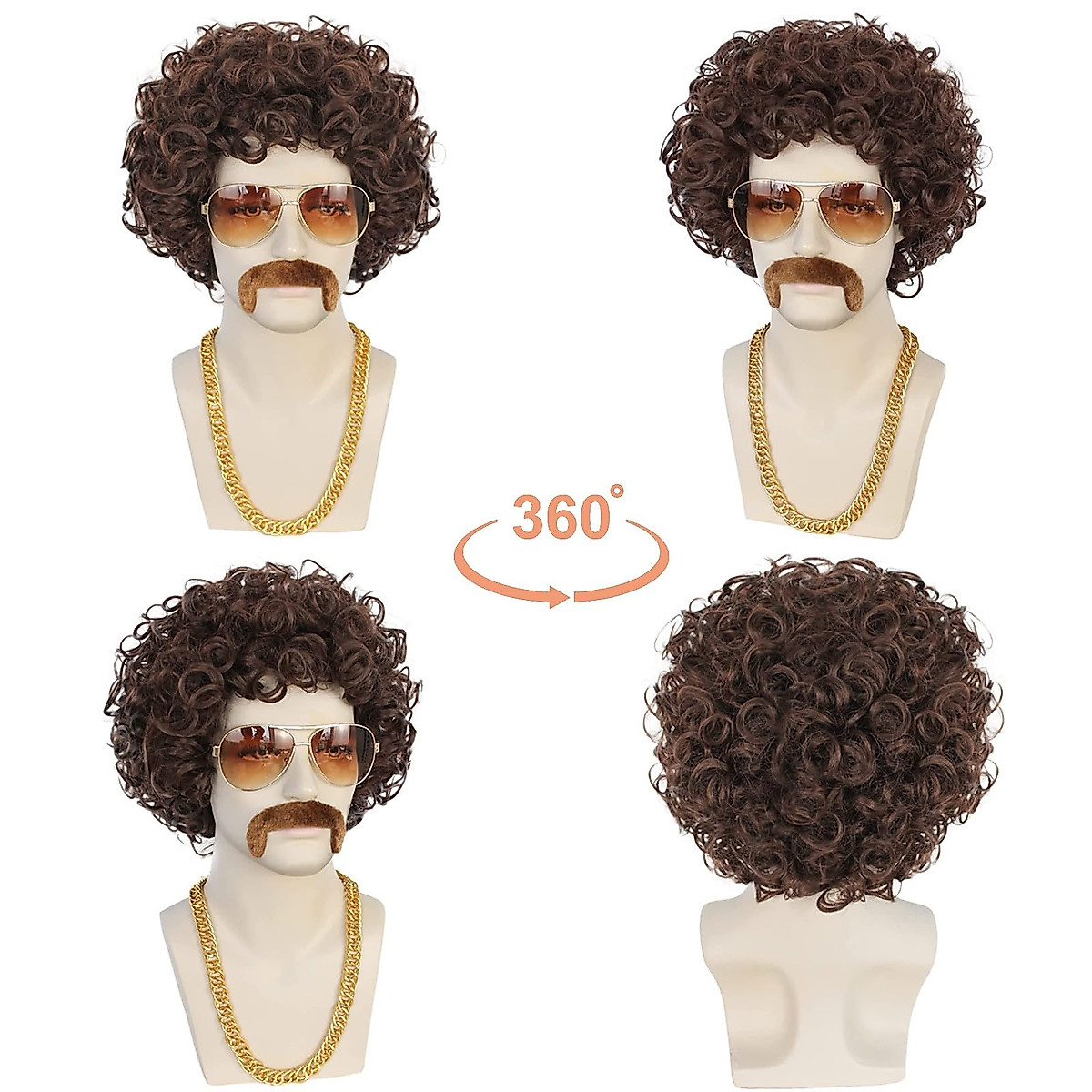 ANOGOL+Wig Cap+Mustache+Necklace+Glasses 5Pcs Afro Wig for Men Short Brown Curly Wig Disco Wigs 70'S Wig for Men 80'S Costumes for Men Disco Wig Jerry Curly Afro Wig Rocker Costume Wig Halloween Party