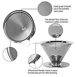 Pour Over Coffee Dripper, Fine Mesh Double Layer Coffee Maker Stainless Steel Coffee Filter, Slow Drip Reusable Metal Cone Coffee Filter
