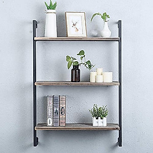 OLDRAINBOW Industrial Metal and Wood Wall Shelf Unit,Rustic Floating Wood Shelves Wall Mounted,24in Iron Real Wood Book Shelves,Hanging Wall Shelves for Bedrooms Office,3 Tier Bookshelf Shelving