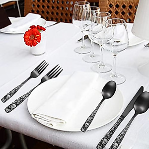OIULO Pattern Matte Silverware Set for 8,40-Piece Gothic Matte Black Flatware set,Unique Pattern Design,Satin Finish Cutlery for 8,Halloween Skull Tableware Utensils for Kitchen Square