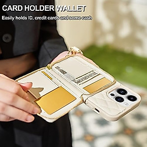 LAMEEKU iPhone 14 Pro Max Wallet Case with Card Holder & Crossbody Chain, RFID Shockproof, 6.7 Inch - Beige