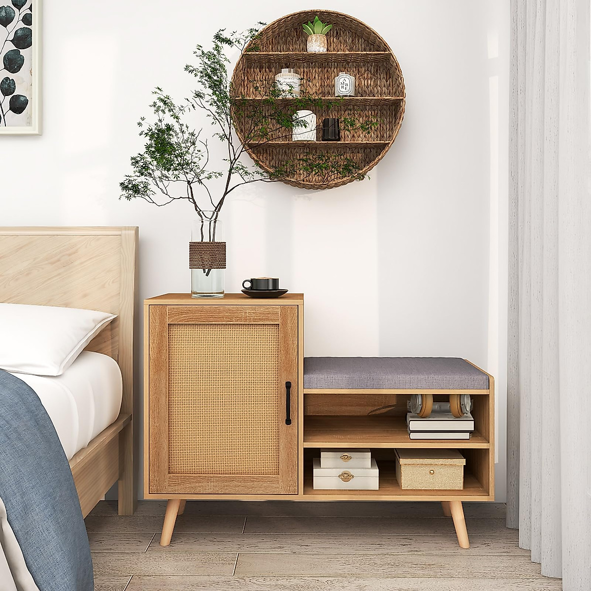 Giantex Shoe Cabinet with Shoe Bench - Rattan Shoe Storage Cabinet, Shoe Rack Organizer for 10-12 Pairs, Padding Seat Cushion, Boho Entryway Bench with Shelves for Hallway Mudroom Bedroom