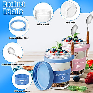 6 Pack Overnight Oats Containers with Lids and Spoon, 10 oz Glass Mason Jars with Sleeve Airtight Oatmeal Container with Measurement Marks Chia Pudding Jars with Lids for Milk Cereal Fruit Meal Prep