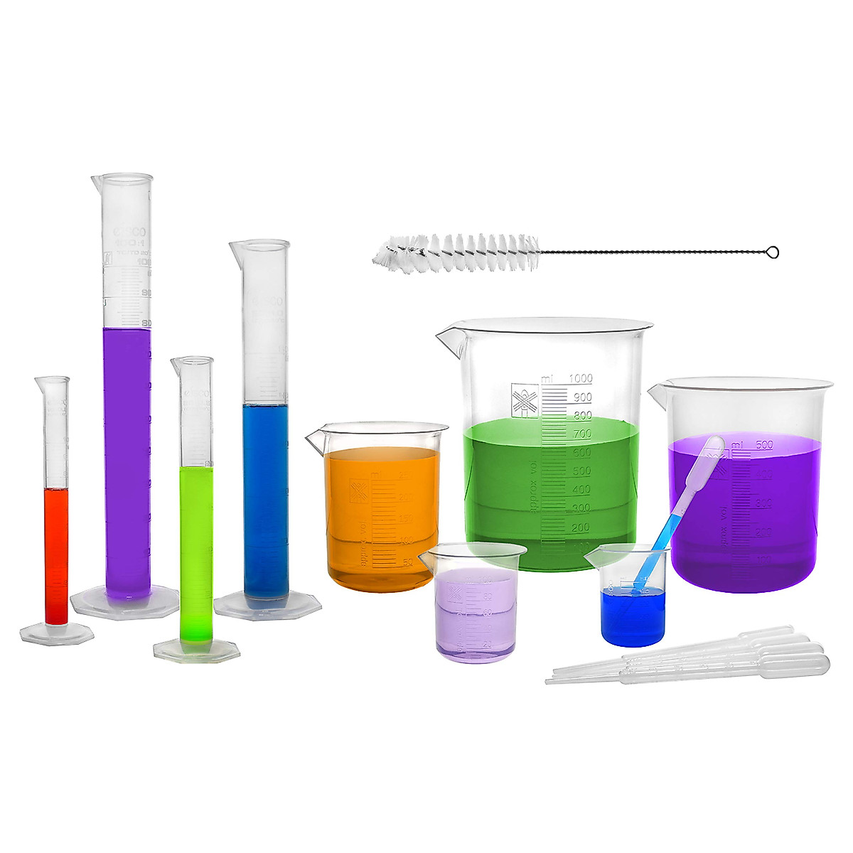 EISCO Ultimate Plastics Kit - 15 Piece Science Lab Set - Includes 5 Polypropylene Beakers, 4 Polypropylene Graduated Cylinders, 5 Disposable LDPE Pipettes & Nylon Cleaning Brush