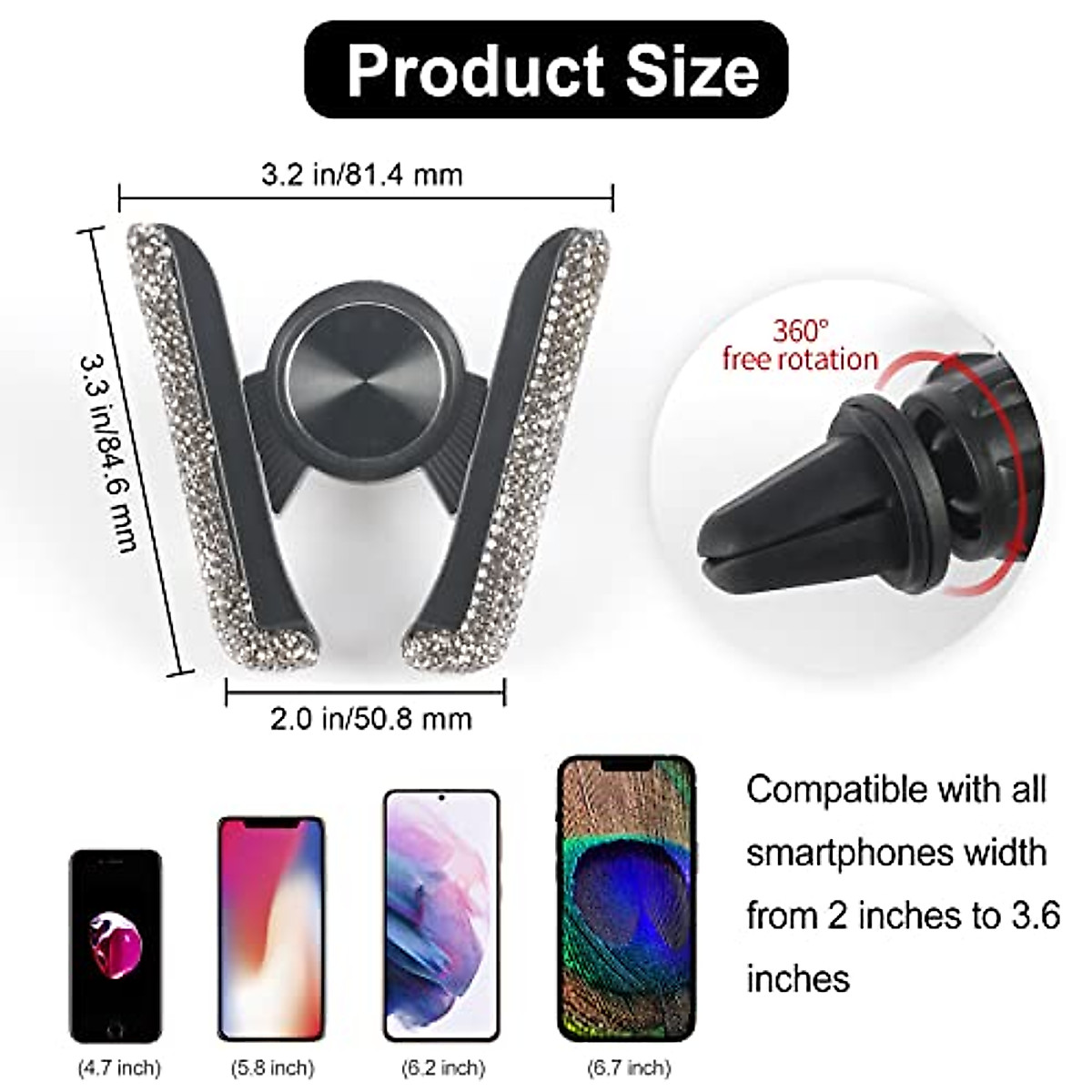 Amiss Bling Cell Phone Holder, Universal 360°Adjustable Car Phone Mount with One More Air Vent Base, Crystal Car Interior Decoration, for Dashboard and Air Vent - Grey