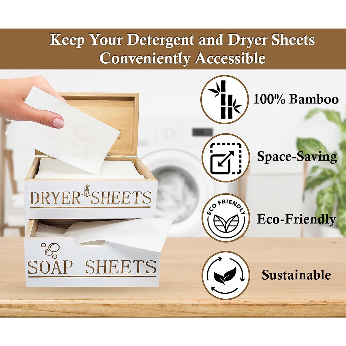 ALLNEY HOME Wood Box Dryer Sheet Holder and Detergent Dispenser drawer, Natural Wood and Sustainable Storage Box, Rustic White Farmhouse Finish, Large Capacity Laundry Room Organizer