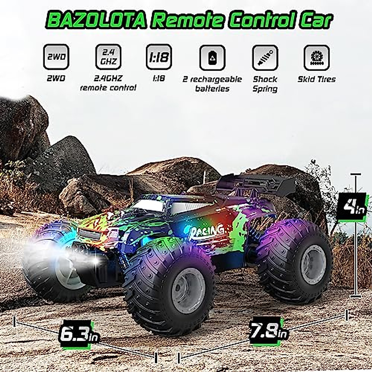 BAZOLOTA RC Car, 1:18 Scale All Terrain RC Truck, 2WD 20Km/h Remote Control Car, Remote Control Truck with LedLight and Two Rechargeable Batteries, Monster Truck Off Road Racing Car for Kid and Adult