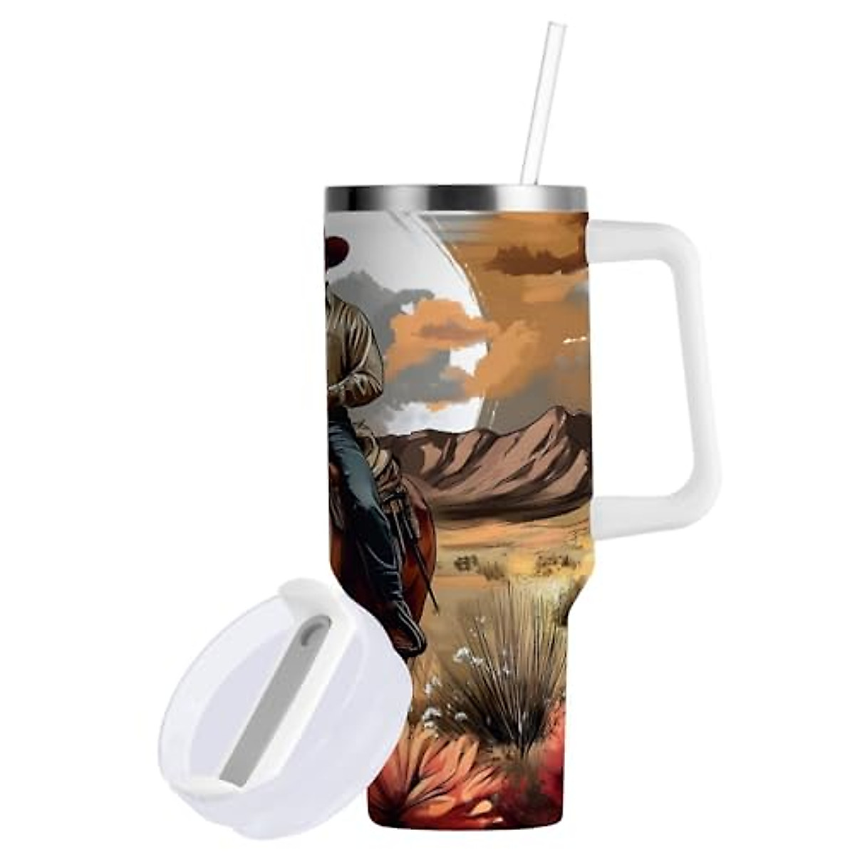 Jihqo Western Cowboy Dessert 40 oz Stainless Steel Vacuum Insulated Tumbler with Handle and Straw Lid, Leakproof Water Bottle Double Wall Travel Mug Coffee Cup, Cupholder Friendly
