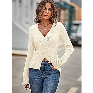 ZAFUL Women's Criss Cross V Neck Sweaters 2024 Dressy Casual Front Slit Ribbed Knit Pullover Sweater Jumper Tops Cream