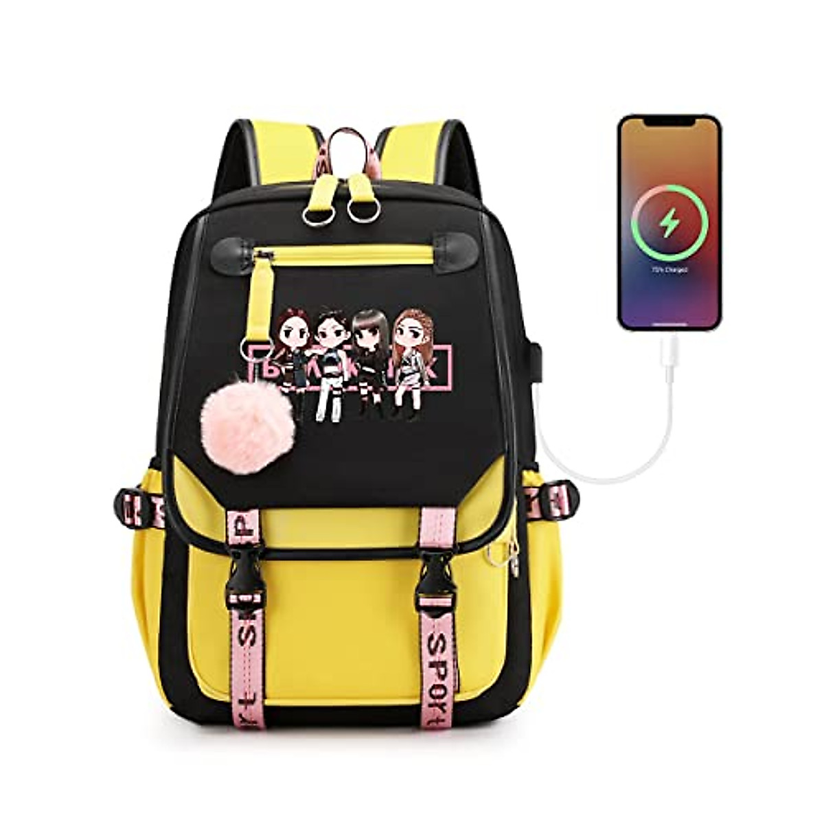 Swico Remado Kpop Backpack Laptop Bag School Bag Bookbag with USB Charging and Headphone Port, Black&Pink (Black Yellow)
