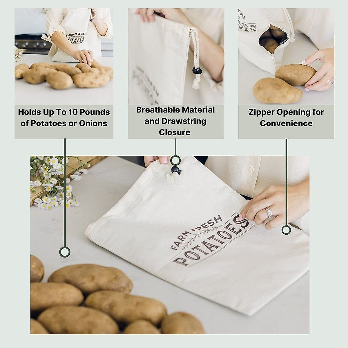 Resilient Roots Potato Storage for Pantry I Potato and Onion Storage Bags with Side Zipper I Set of 2 - 16” x 12” - Cotton Farmhouse Kitchen Onion Bag with Blackout Liner