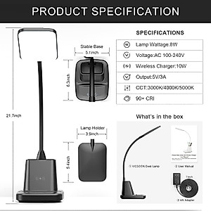 Vicsoon Desk Lamp with Wireless Charger, LED Desk Lamps for Home Office, 800 Lumens, Small Desk Lamp with Pen Holder, Flexible Arm, 3 Modes, Dimming, Touch Lamp for College Dorm Room, with Adapter