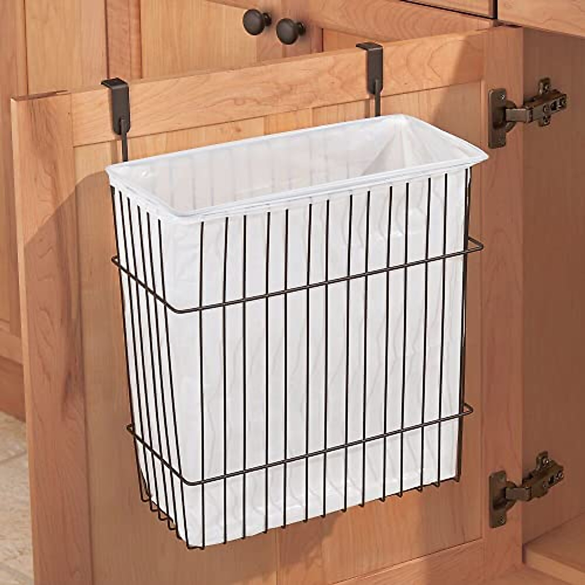 mDesign Steel Metal Wire Hanging Over Door Kitchen Storage Organizer Basket/Trash Can - Cabinet Door Holder Bins for Bags, Tin Foil, Wax Paper, Cling Wrap - Concerto Collection - Bronze