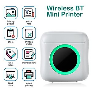 Portable Mini Printer, Small Pocket Thermal Printer with 7 Color Lamp, Bluetooth Wireless Smart Photo Printer with 7 Rolls Paper, Label Maker Machine with iOS Android for Notes, Memos and DIY Painting