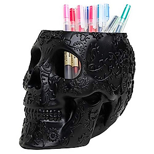 Skull Makeup Brush and Pen Holder Extra Large, Strong Resin Extra Large Halloween By The Wine Savant (Black)
