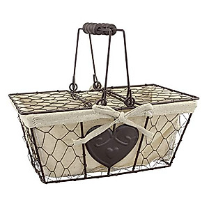 Stonebriar Farmhouse Metal Chicken Wire Picnic Basket with Hinged Lids, Handles, and Heart Detail, 10.5" x 6.5", Cream