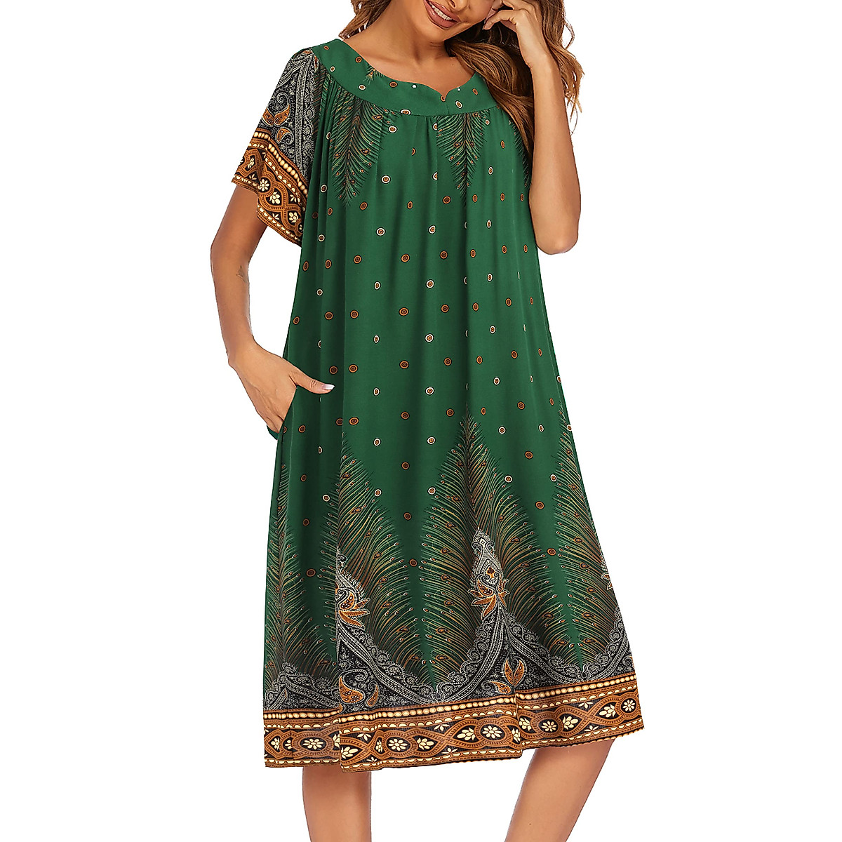 Ekouaer Womens Nightgown Short Sleeve House Dress with Pockets-Floral Print Mumu Dress Green Feather, 3X-Large