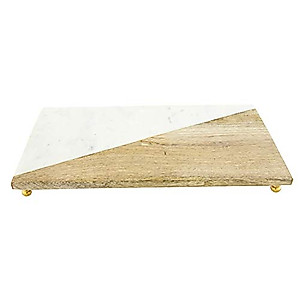 Creative Co-Op DF2367 Mango Wood & Marble Cutting Board/Serving Brass Feet Pedestal Tray, White
