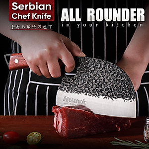 Huusk Butcher Knife Set, Hand Forged Serbian Chef Knife, Viking Boning Knife,Cleaver Knife with Sheaths, 10" High Carbon Steel Knife Steel Sharpener,3200 Grit Sharpening Steel (Round)