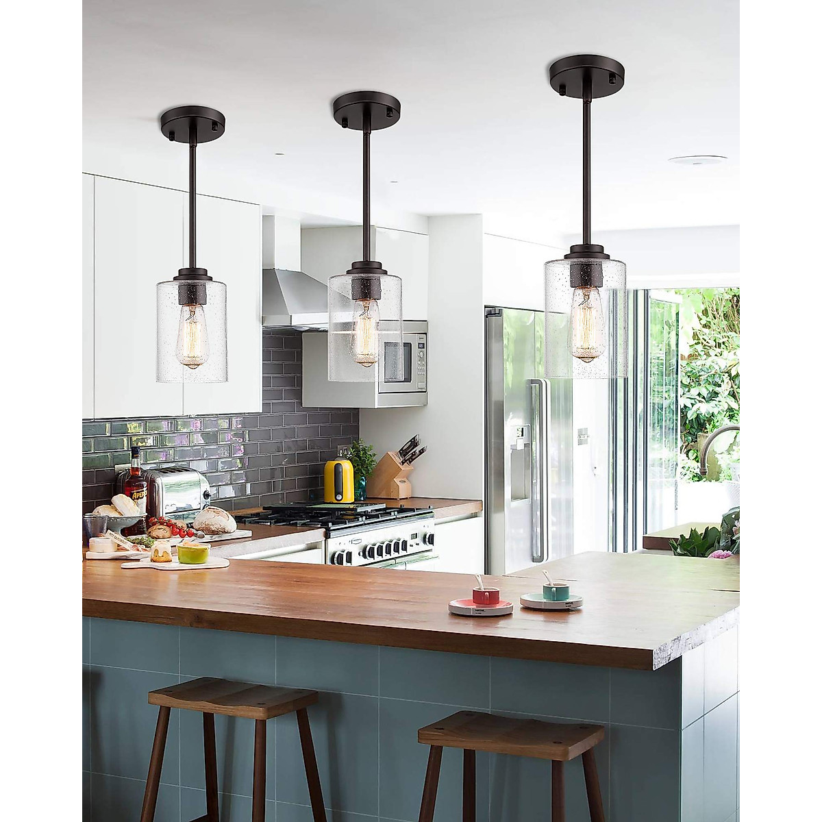 Beionxii Glass Pendant Light | Farmhouse Mini Pendant Lighting for Kitchen Island Dining Room Over The Sink, Oil Rubbed Bronze with Bubble Glass - DMD9002-1H/2PK