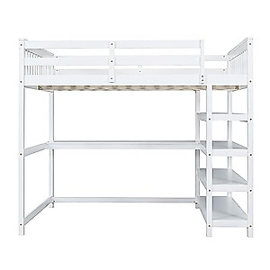 BOVZA Wood Loft Bed with Desk and Shelves, Full Size Loft Bed with Storage Shelves and Under-Bed Desk, Bed Frame for Kids Teens Adult, White