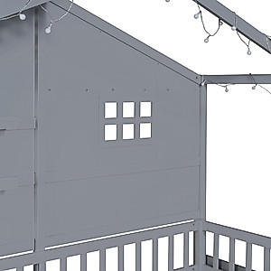 SOFTSEA Twin Size Low House Loft Bed with Shelves, Low Wood Bed Frame with Window and Sparkling Light Stripe on The Roof, House Shaped Low Loft Bed for Kids