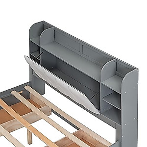 DNYN Queen Size Platform Bed with Storage Shelves & 4 Drawers & Upholstery Headboard Design,Multifunctional Wooden Bedframe w/Wood Slat Support,Super Save Space,Perfect for Bedroom,Guest Room, Gray