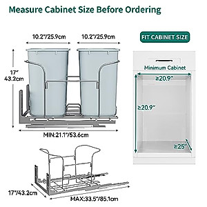 YITAHOME Double 27 Quart Pull-Out Trash Can with Soft-Close Slides, Sliding Under Mount Kitchen Waste Garbage Container for 20.9" W x 25" D x 20.9" H Minimum Cabinets, Gray