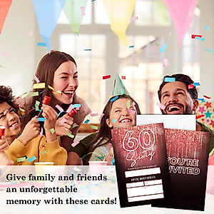 Ziyouza Neon Pink Birthday Invites, 60th Birthday Party Invitations for Woman and Man, Rose Gold Glitter Birthday Party Invitations (20 Count with Envelopes) for Adult Birthday, Surprise Party-29