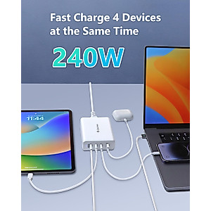 ZeitNah 240W USB C Charger, GaN 4-Port Fast Charger(140W/100W USB C Charging Ports) for MacBook Pro/Air, iPhone, iPad, Galaxy, Apple Watch, and More, (140W USB C to C Cable is Included)