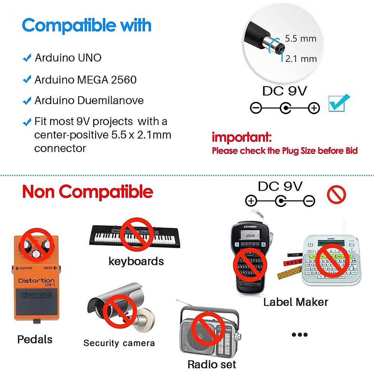 iCreatin 9V Power Cord Compatible with Arduino/Schwinn Bike, Replacement AC DC Power Supply Adapter for UNO R3 / Elegoo UNO R3 / IEIK UNO R3 / MEGA 2560 R3