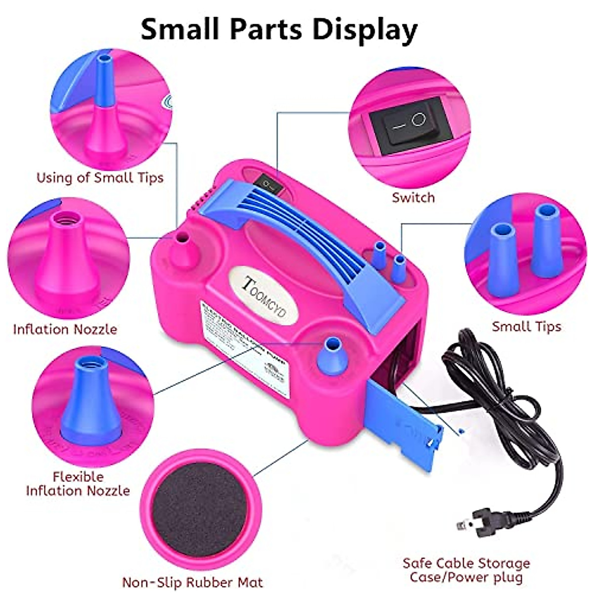 TOOMCYD Electric Balloon Pump Portable Dual Nozzle Balloon Inflator Blower for Party Decoration with Tying Tool,Inflating Faster Save Time Rose Pink