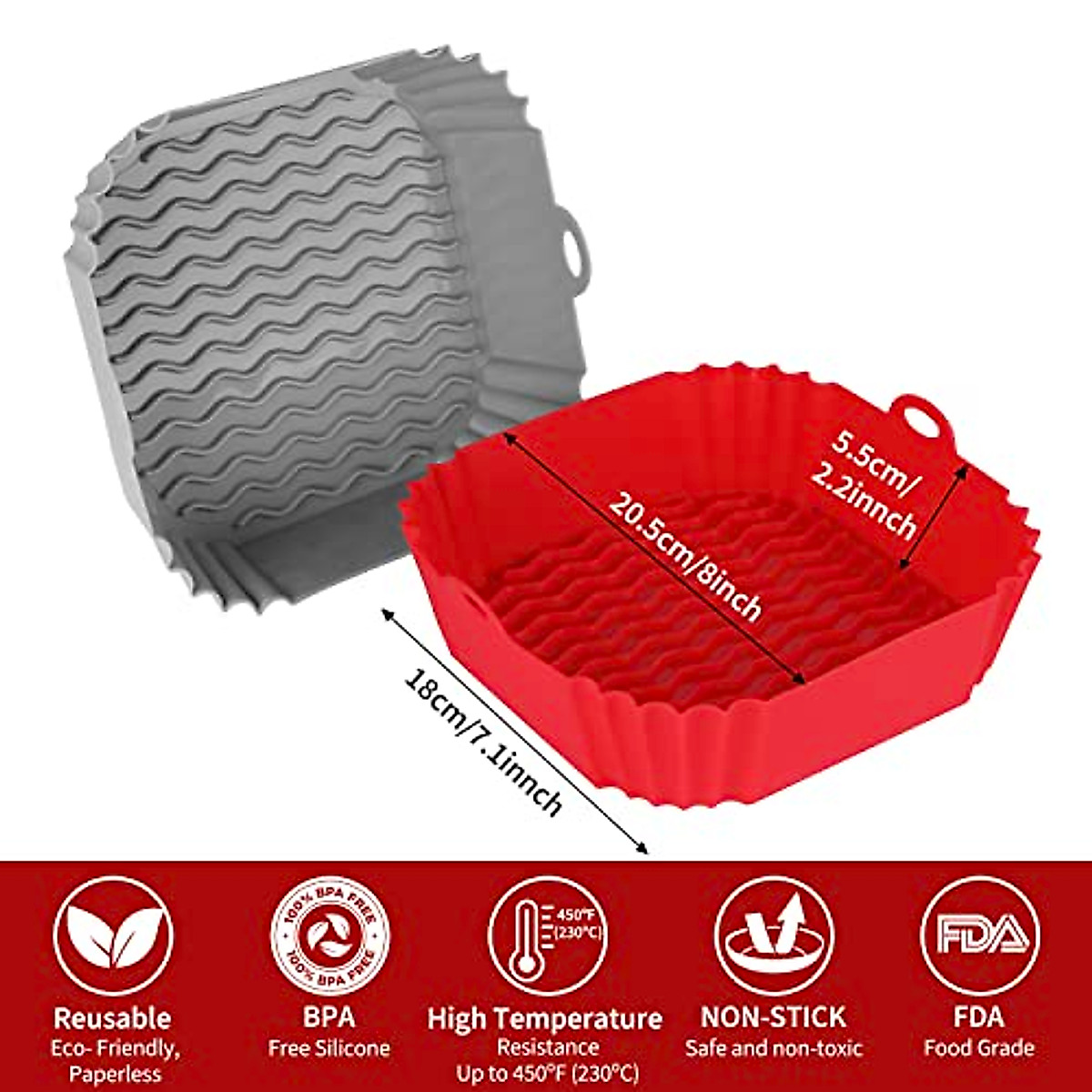 MaMix Silicone Air Fryer Liners 2 pack，8 inch Reusable Air Fryer Pot for 4 to 7 QT Air Fryer Inserts for Oven Microwave Accessories (Red+Grey)