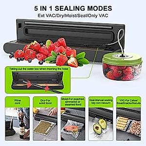 BEYUAM Vacuum Sealer, Food Saver Vacuum Sealer Machine with Auto&Manual Options for Food Storage, 5 in1 Food Vacuum Sealer with Dry&Moist Modes, LED Indicator Lights, Compact Design, Includes 15PCS Vacuum Seal Bags,1 Air Suction Hose, 1Cutter (Black)
