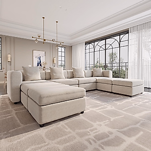 HOTICKME 149.6" Velvet Sectional Sofa with 4 Pillows, 8 Seaters Sofa Couch for Living Room, Convertible U-Shaped Couch with Cushions, Oversized Sectional Sofa with 4 Storage Ottoman, Beige