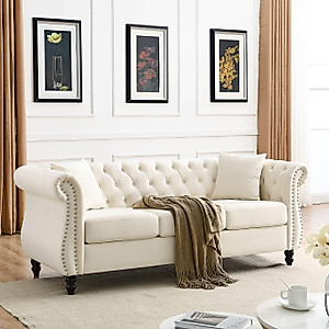 80" Chesterfield Sofa Couch Velvet 3-Seater Sofa with Two Pillows, Nailhead & Rolled Arms Upholstered Sofa with Curved Backrest Solid Wood Legs for Living Room, Bedroom, Office (Beige)