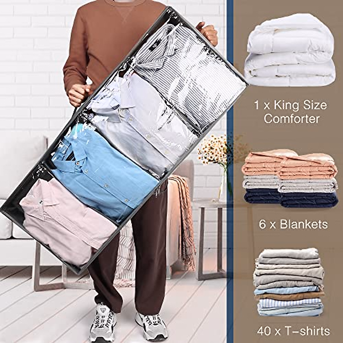 LotFancy Under Bed Storage Containers, Detachable Dividers, 2 Pack, Closet Underbed Clothes Blanket Organizer, 39.3x16.5x6 in, with 4 Handles and Large Clear Window, Sturdy, Large, Gray