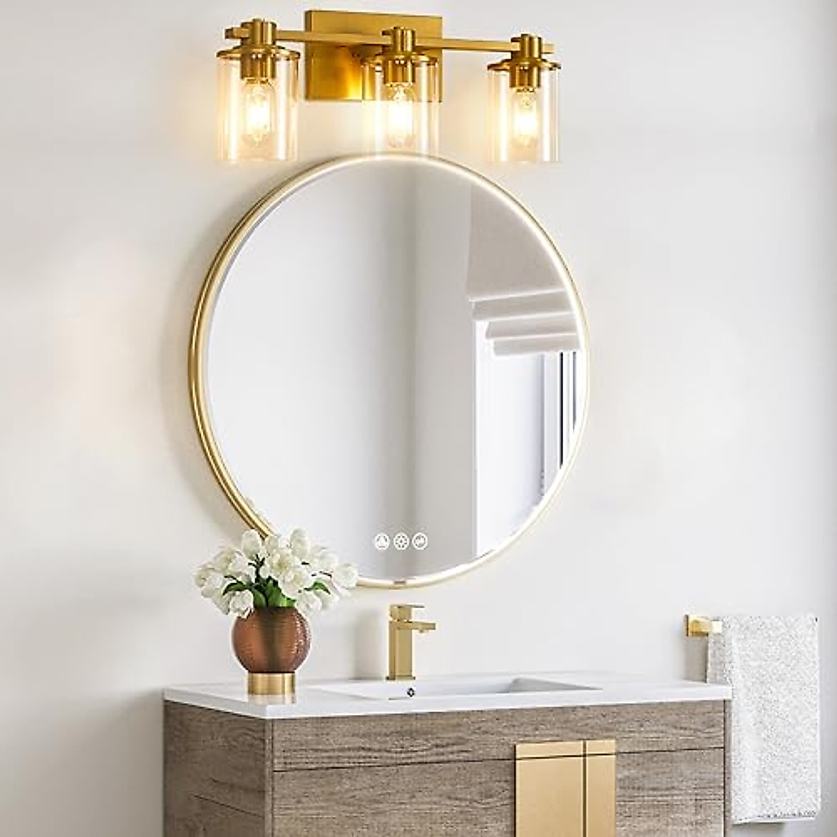 Eatich Bathroom Light Fixtures, 3-Light Brushed Gold Bathroom Vanity Light, Brass Vanity Lights for Bathroom with Clear Glass Shade, Modern Vintage Bathroom Lights Over Mirror
