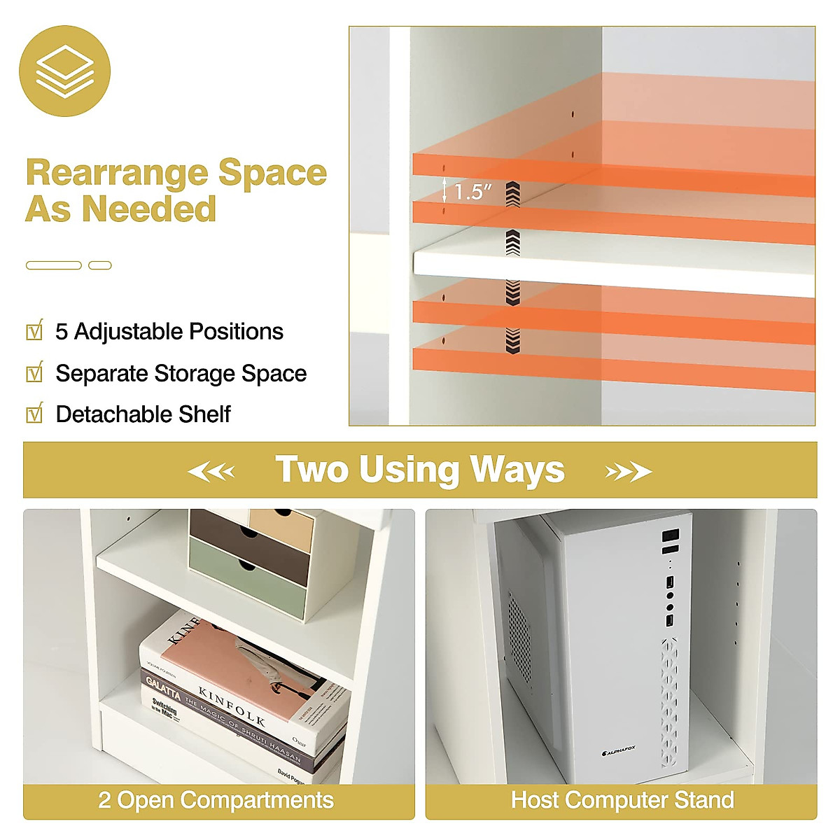 GOFLAME Home Office Desk with Drawer, Wooden Storage Computer Desk with Keyboard Tray & Adjustable Shelves, Executive Table Makeup Vanity Table Desk for Bedroom, Small Space (White)