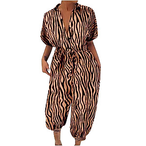 Bravetoshop Womens Short Sleeve Button Down V Neck Jumpsuit Casual Loose Long Pants Rompers with Pockets (C-Coffee,S)