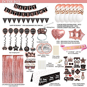 Happy Retirement Party Decorations women - (80pack) rose gold party Banner, Pennant,Hanging Swirl,birthday balloons,Foil Backdrops,Tablecloths,cupcake Topper,Crown, plates,Photo Props,retired Sash