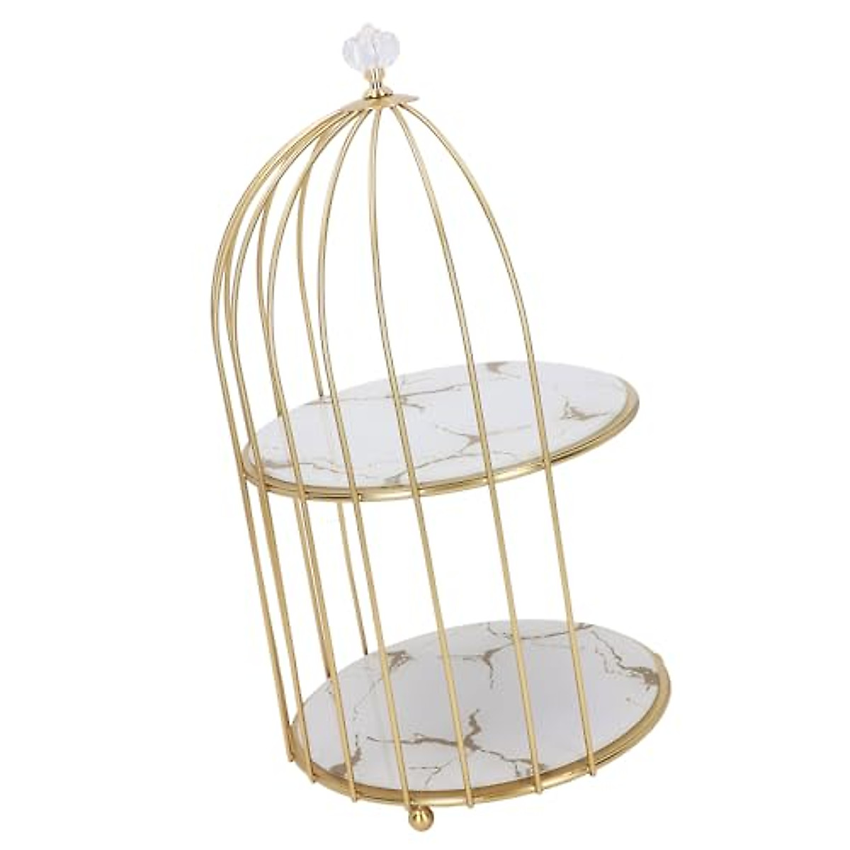 Syrisora Double Layer Storage Shelf Bird Cage Organizer Display Rack for Bathroom Countertop Dressing Table Gold Frame (White Base Gold Pattern)