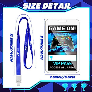 16 Pieces Blue Video Game VIP Pass Holder Tickets Set Video Game Party Favors Game Ticket Holder Gamer Party VIP Pass Lanyards for Game Themed Birthday Party Supplies