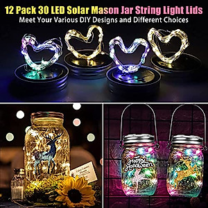 Solar Mason Jar Lights Lids, 12Pcs 30 LED Solar Fairy Lights for Mason Jars, Outdoor Mason Jar Lights Solar Powered with Hangers for Christmas Patio Yard Garden Wedding Decoration(Jars Not Included)