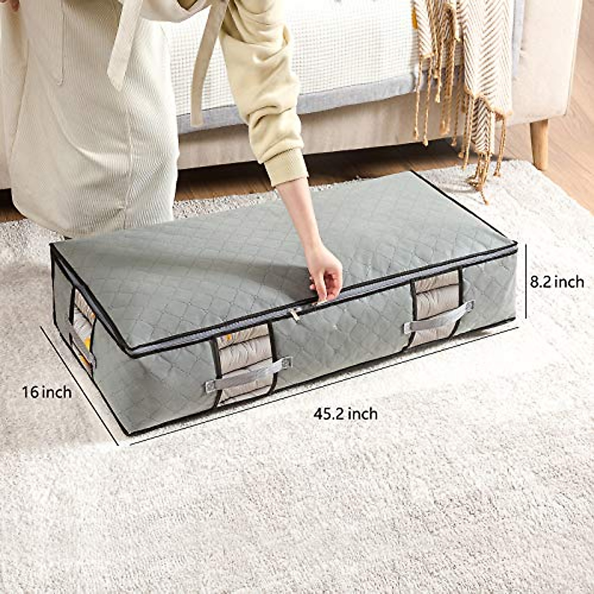 Extra-Large Under Bed Storage Bags Containers [4pack] Thickened 3 Ply Fabric Under Bed Storage Organizers with Reinforced Handles Strong Zipper Breathable Zippered Organizer For Bedrooms, (Grey)