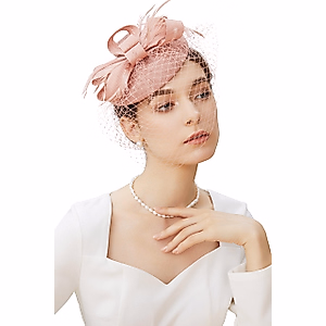 BABEYOND Fascinators Hat Veil Feather Hair Clip Tea Party Kentucky Pillbox Derby Bridal for Wedding Nude Pink